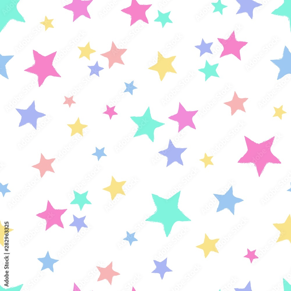 Seamless repeat pattern with tossed colorful pastel stars on a white ...