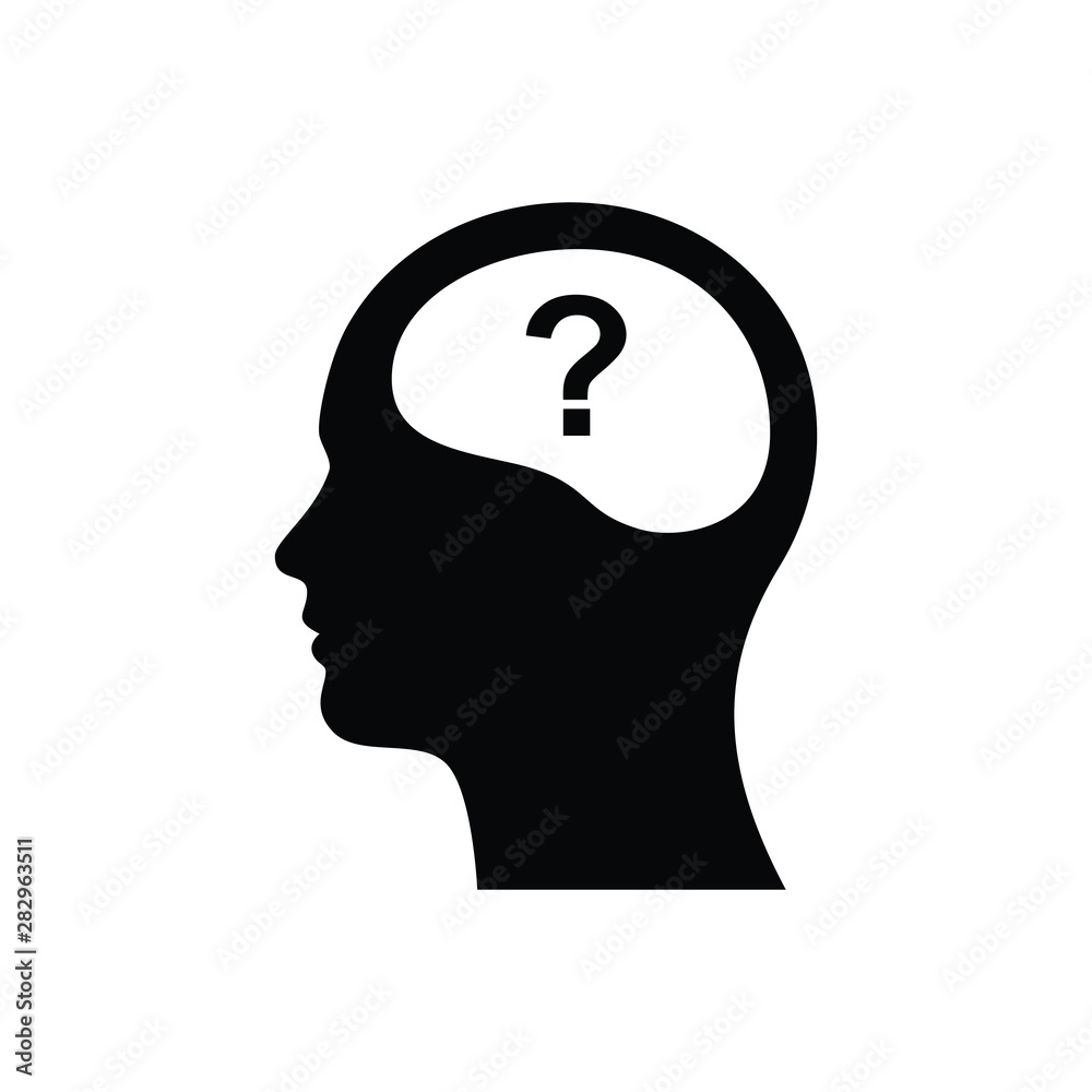 Head with question mark icon. Unconcerned brain illustration of losing ...