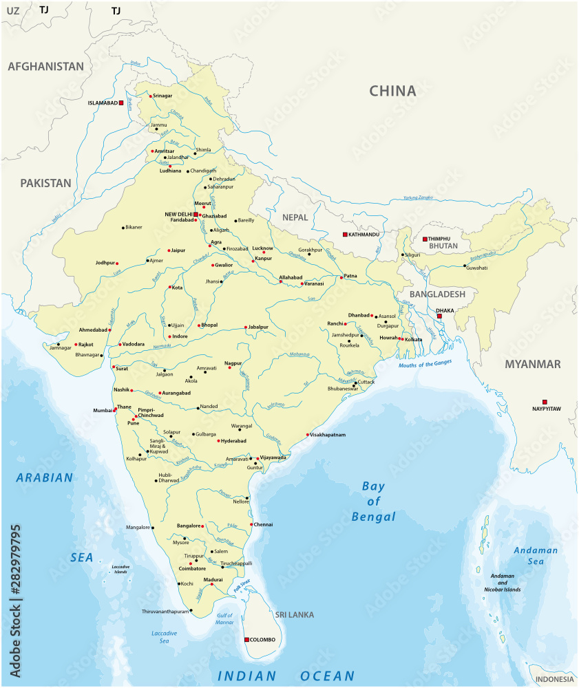 Map of India with the biggest cities and rivers Stock Vector | Adobe Stock