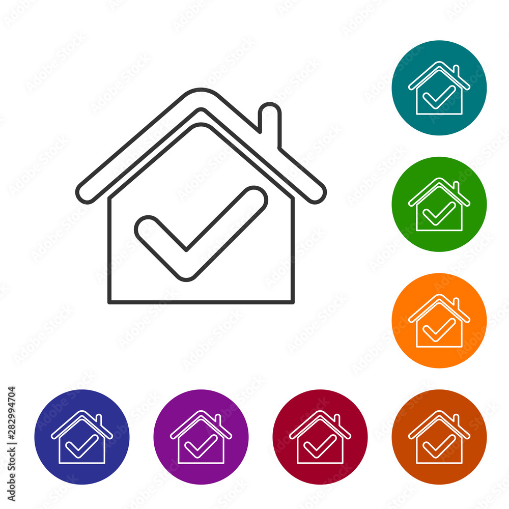 Grey line House with check mark icon isolated on white background. Real ...