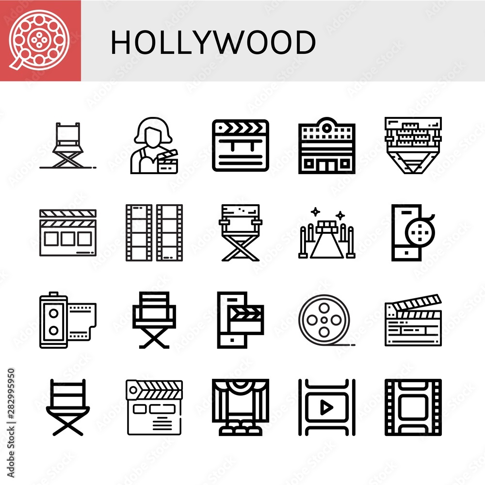 Set of hollywood icons such as Film, Director chair, Actress, Clapper ...