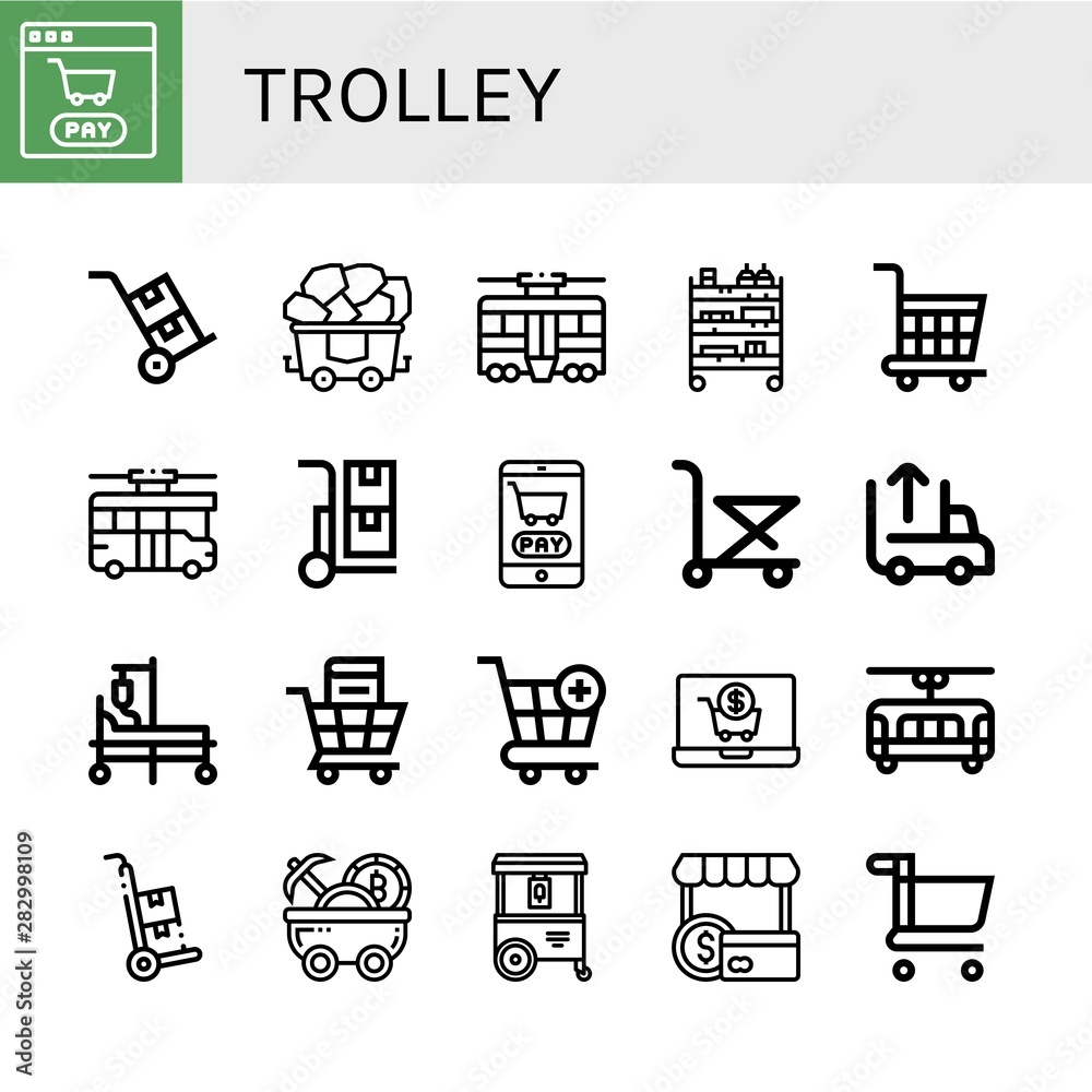 Set of trolley icons such as Shopping cart, Trolley, Coal, Tram, Cart ...