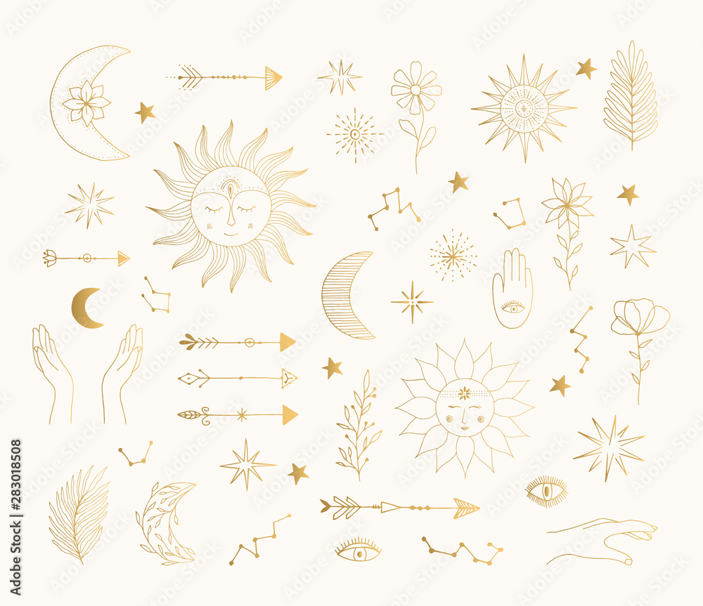 Hand drawn golden mystic symbols. Sun, moon, star tattoo design. Vector ...