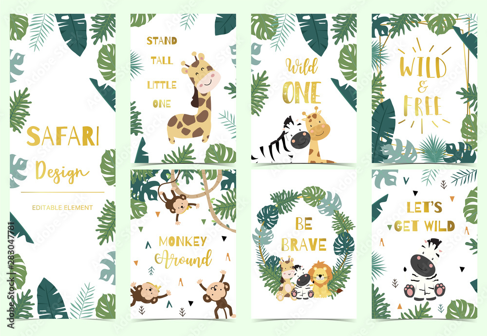 Green,gold collection of safari background set with lion,monkey,giraffe ...