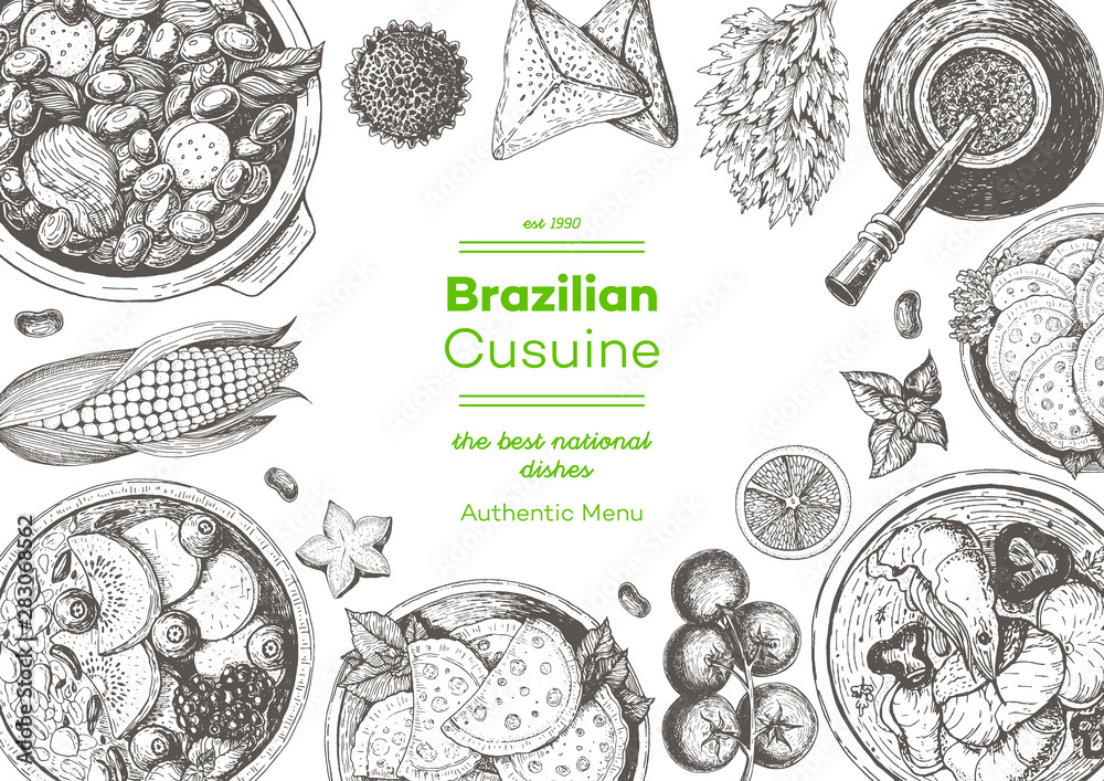 Brazilian cuisine top view frame. Brazilian food menu design with ...