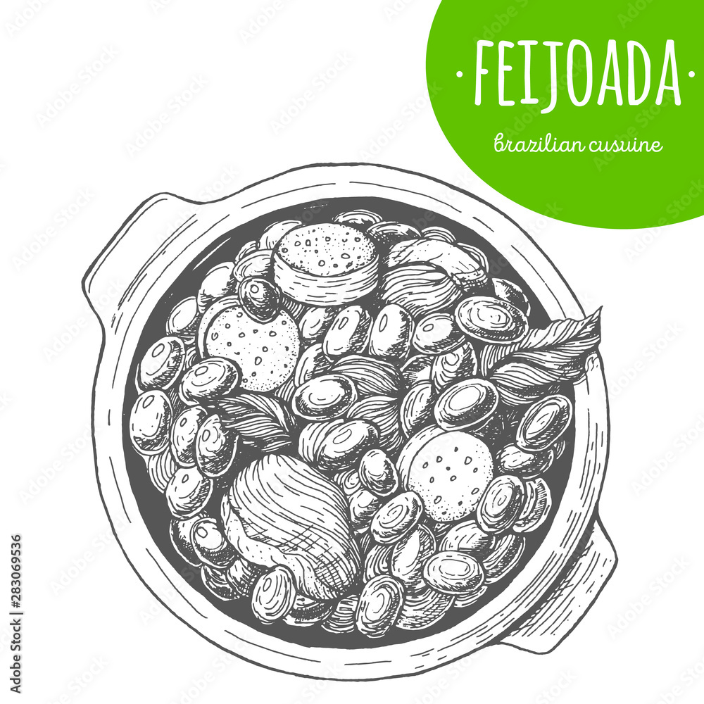Feijoada top view vector illustration. Brazilian cuisine. Linear ...