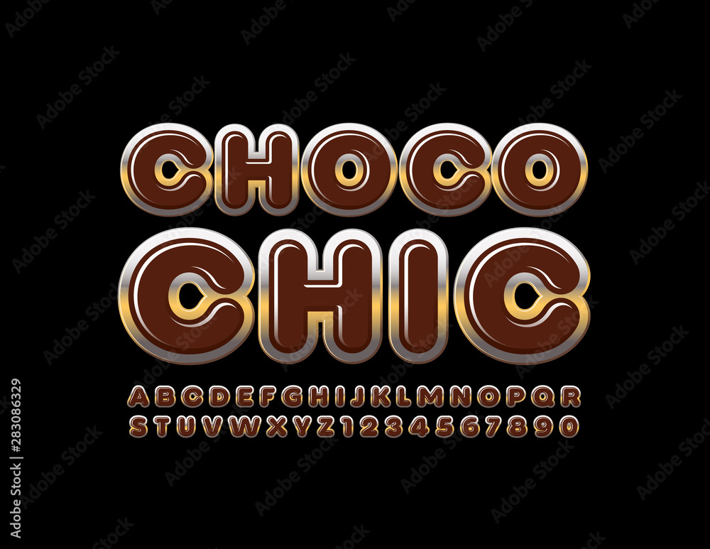 Vector sweet logo Choco Chic. Brown and Gold Uppercase Font. Elite shiny Alphabet Letters and ...