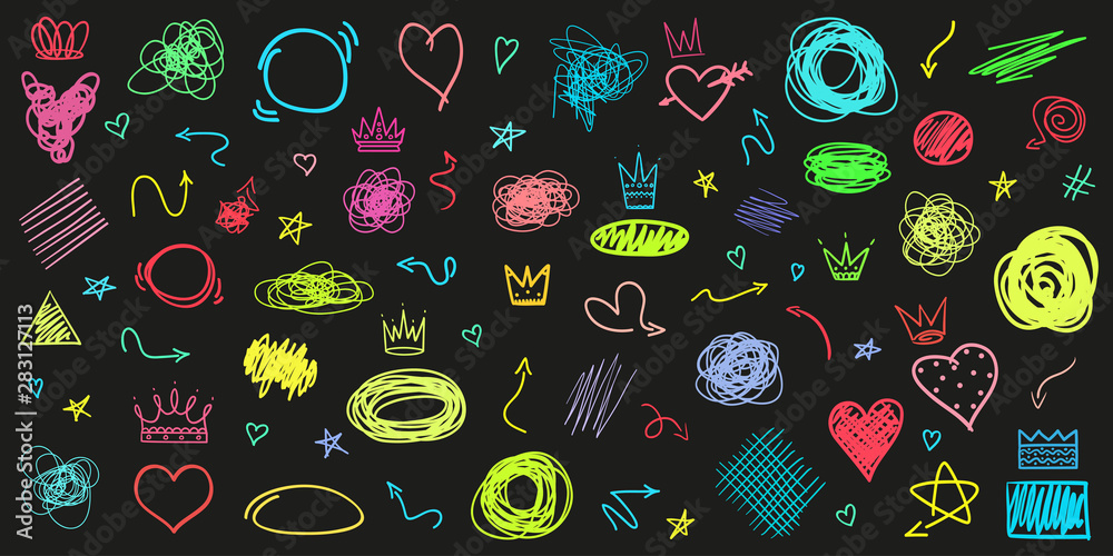 Colorful signs and shapes on isolated black background. Infographic ...