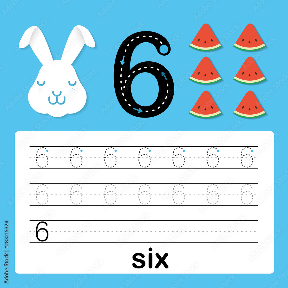 Number six, card for kids learning to count and to write, worksheet for ...