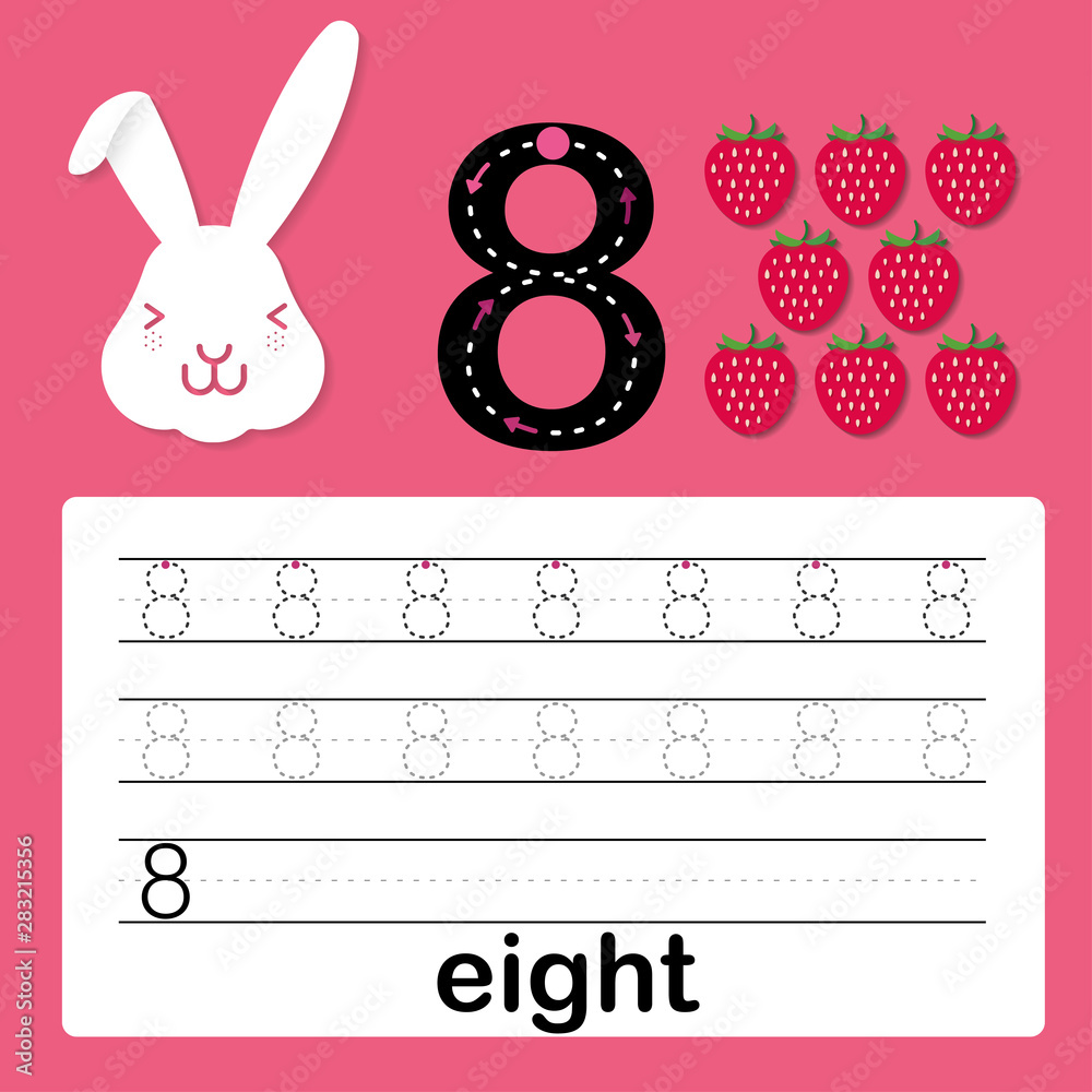 Number eight, card for kids learning to count and to write, worksheet ...