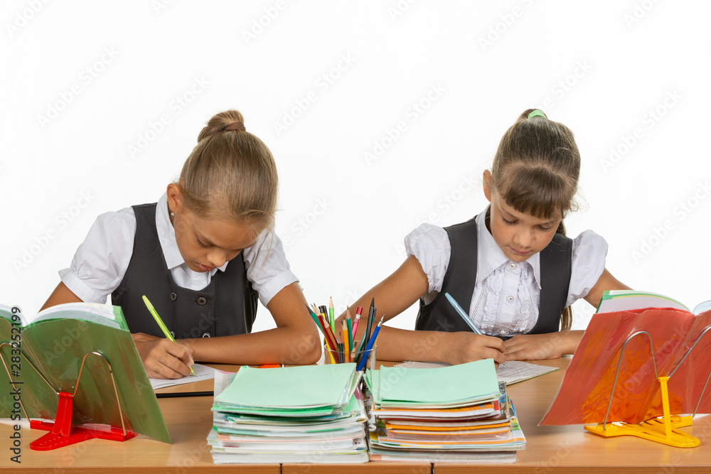 Two girls in a lesson write in a notebook Stock Photo | Adobe Stock