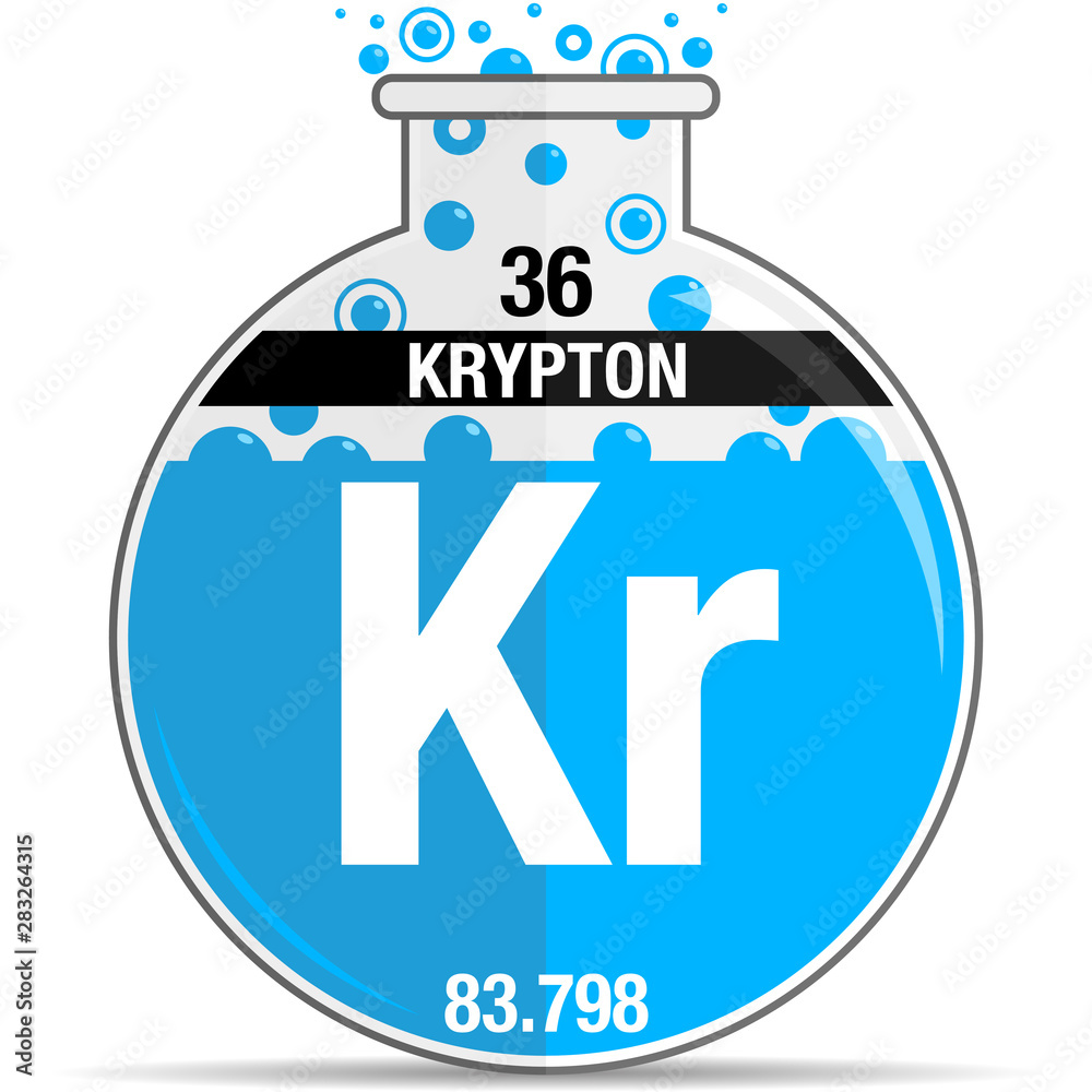 Krypton symbol on chemical round flask. Element number 36 of the ...