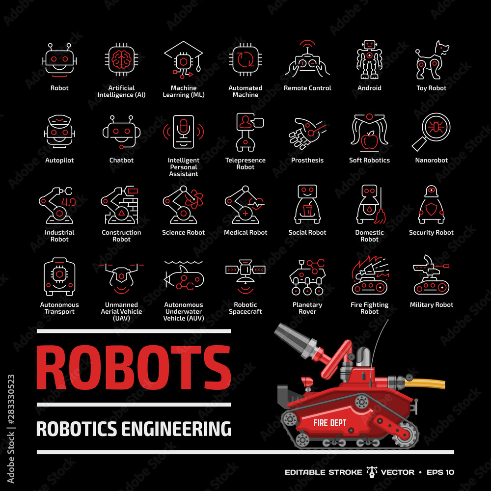 Robotics industry outline icon set on a black background with flat red ...