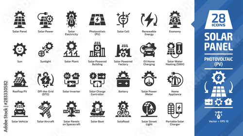 Solar panel icon set with sun power photovoltaic (PV) home system and ...