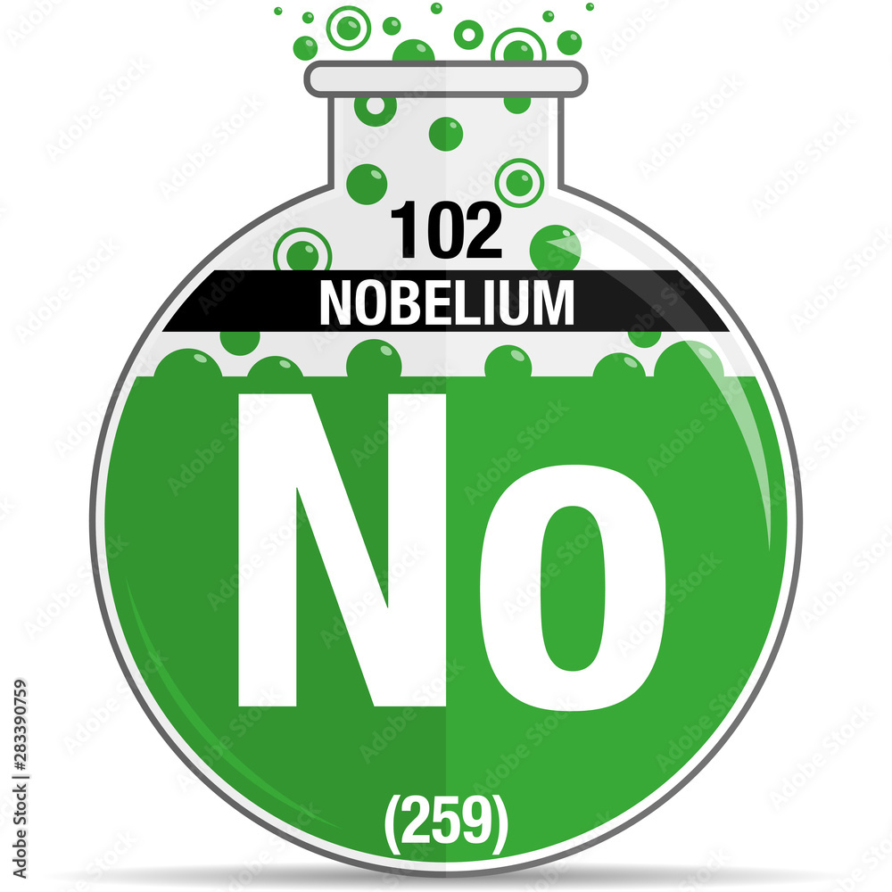 Nobelium symbol on chemical round flask. Element number 102 of the ...