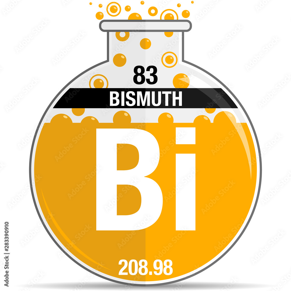 Bismuth symbol on chemical round flask. Element number 83 of the ...