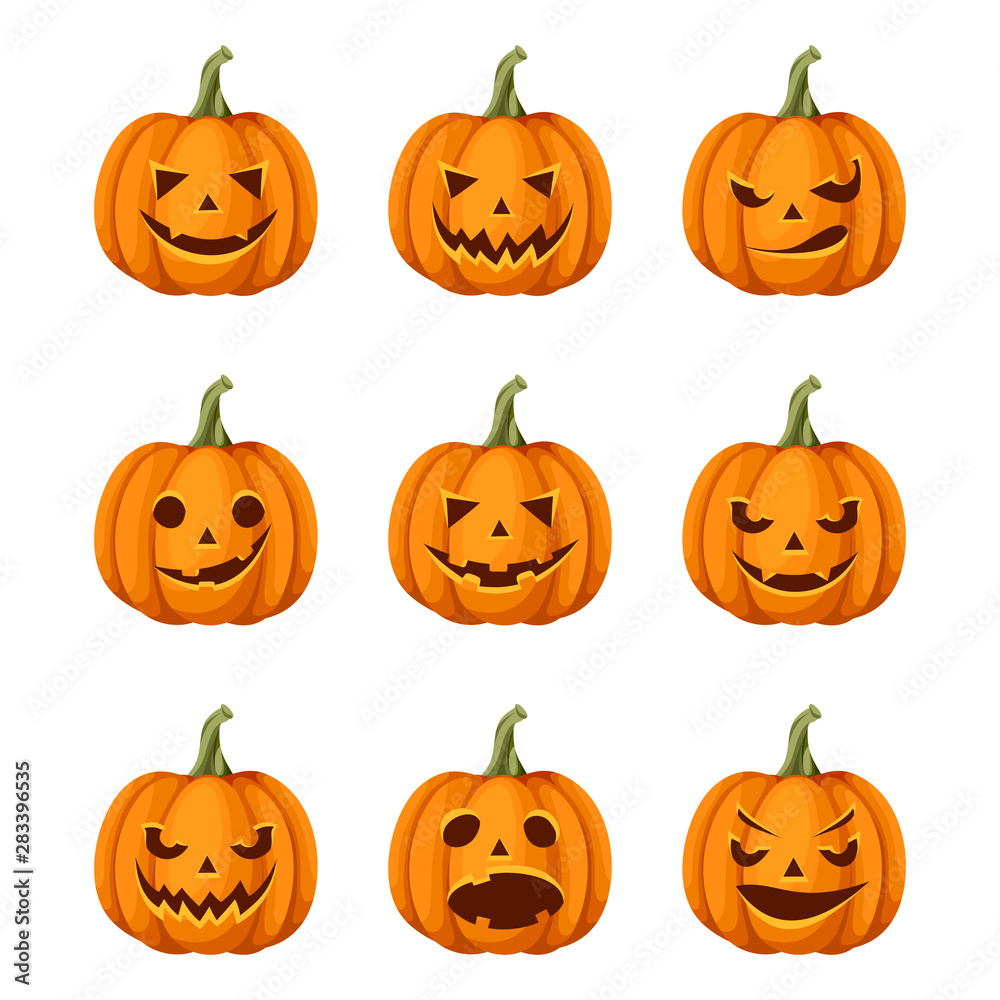 Vector set of nine jack-o'-lanterns (Halloween pumpkins) isolated on a ...