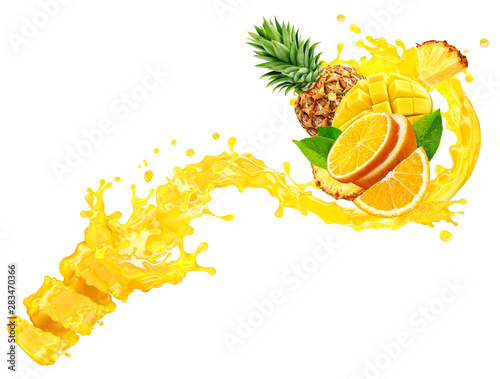 Orange, pineapple, mango fruit juices liquid 3D splash mix. Healthy ...
