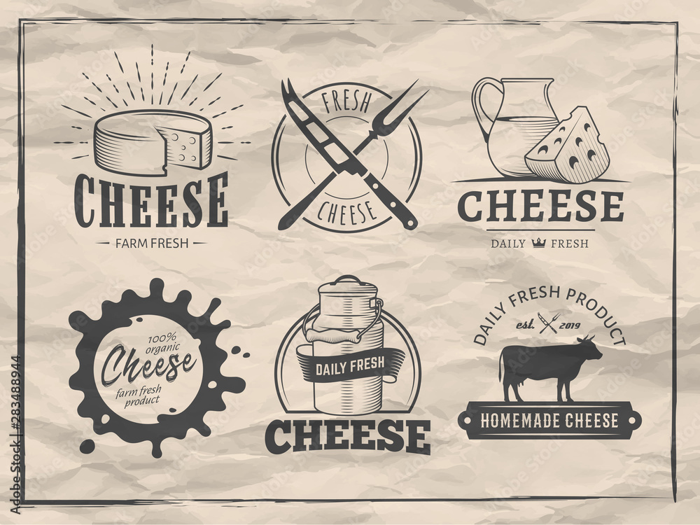 Vector cheese logos. Set of badges with cheese slices, milk jug, cow ...