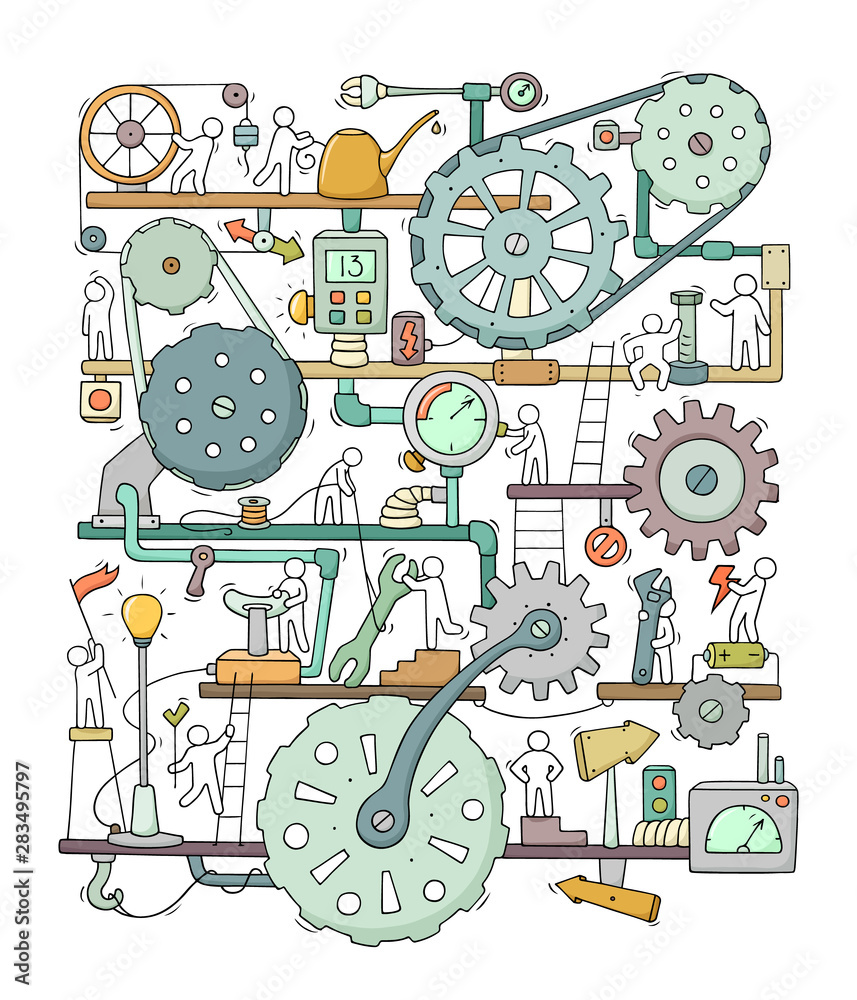 Sketch of people teamwork, gears, production. Stock Vector | Adobe Stock