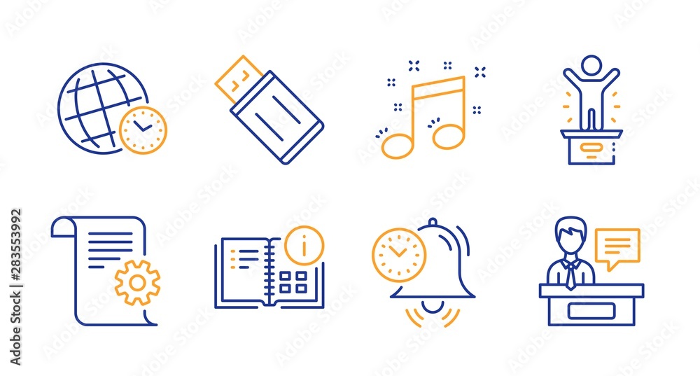 Musical note, Time management and Time zone line icons set. Usb flash ...