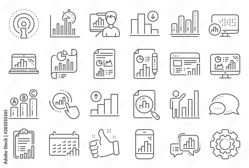 Graph line icons. Set of Chart presentation, Report, Increase growth ...