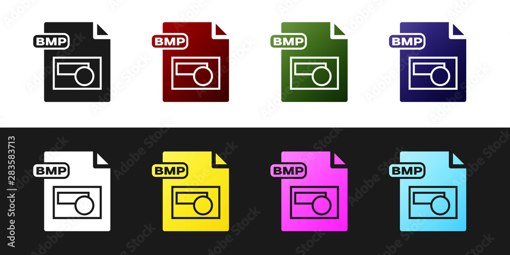 Set BMP file document. Download bmp button icon isolated on black and ...
