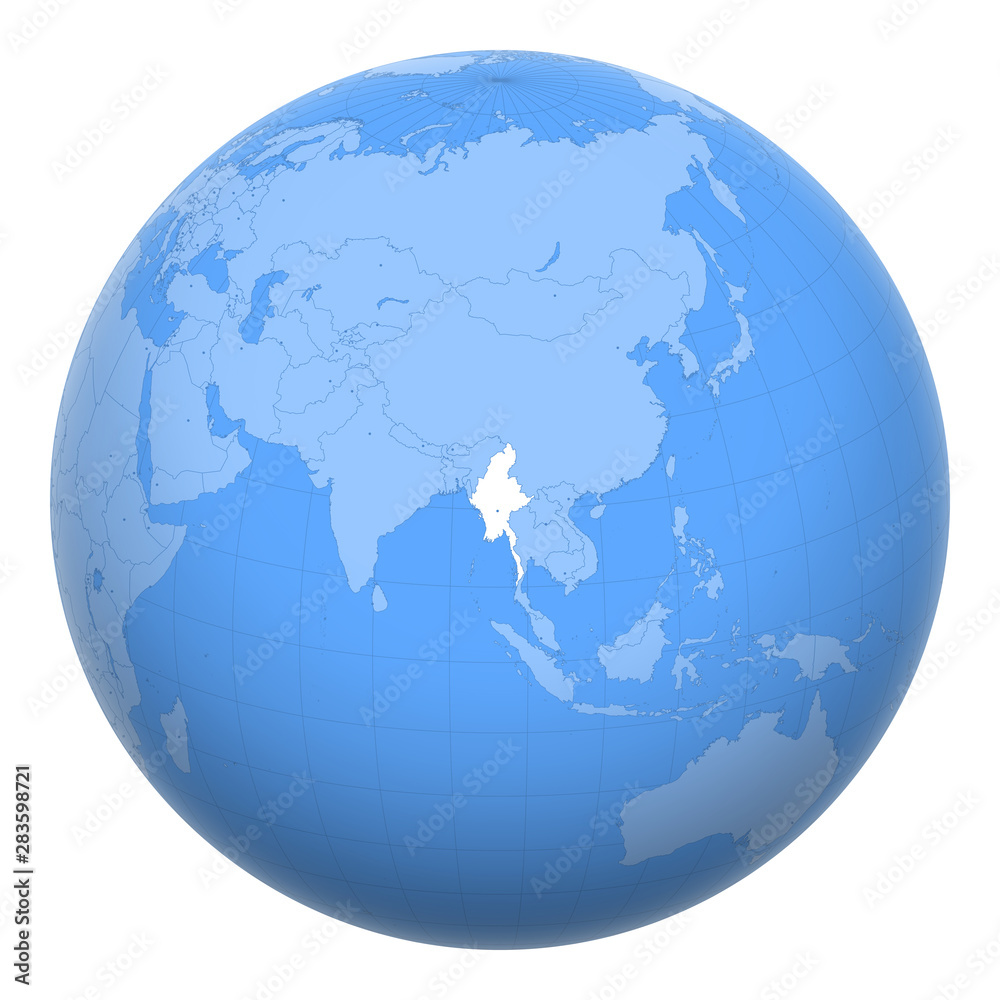 Myanmar on the globe. Earth centered at the location of the Republic of ...