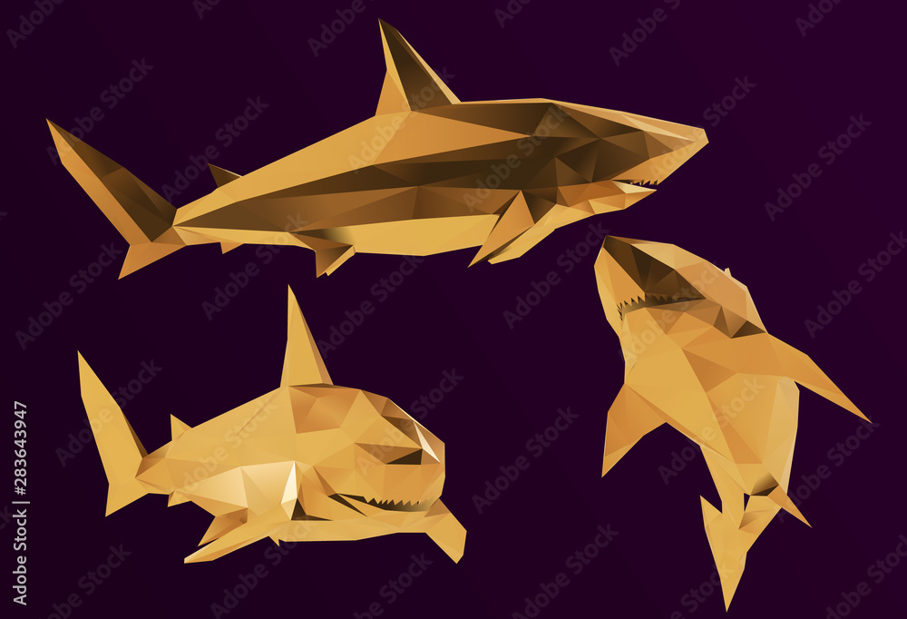 Gold Shark. Shiny Metallic Set of Golden Great White Sharks on Purple ...