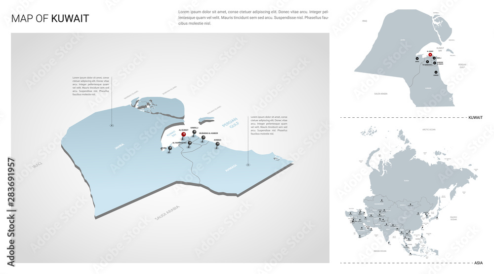 Vector set of Kuwait country. Isometric 3d map, Kuwait map, Asia map ...