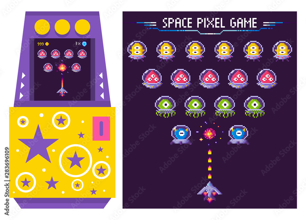 Classic arcade machine with monsters in space suits decorated with ...