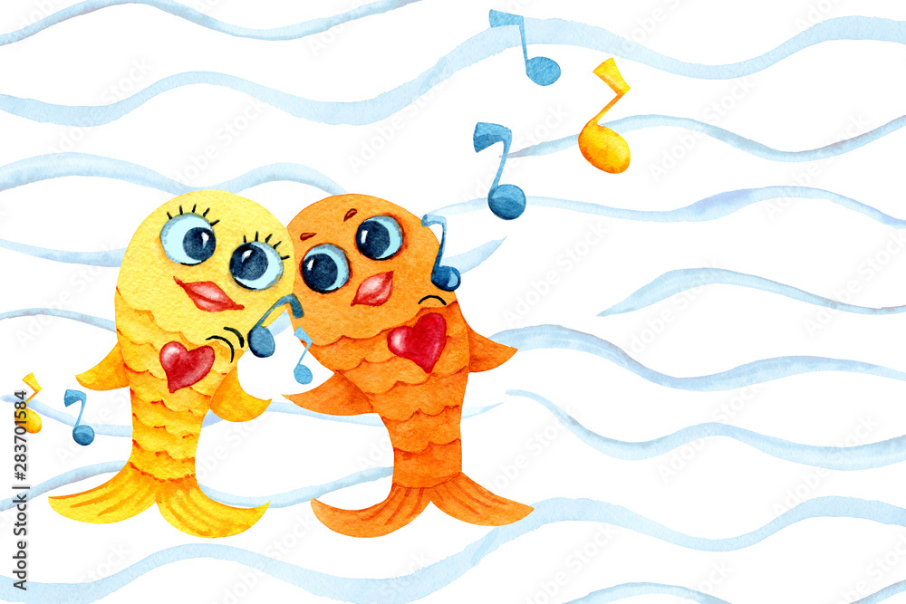 Singing and dancing goldfish. Cartoon character in watercolor. Children ...