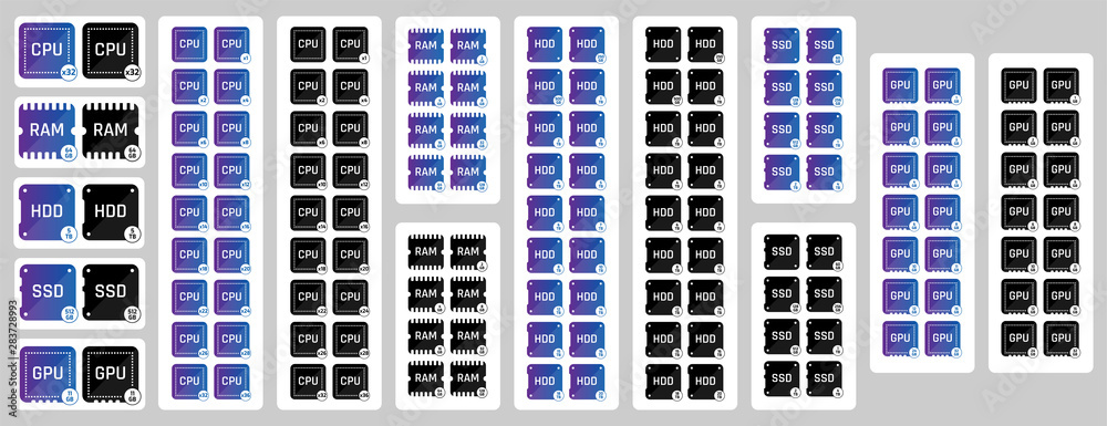 เวกเตอร์ Stock Computer parts icons set. CPU, RAM, HDD, SSD, GPU ...