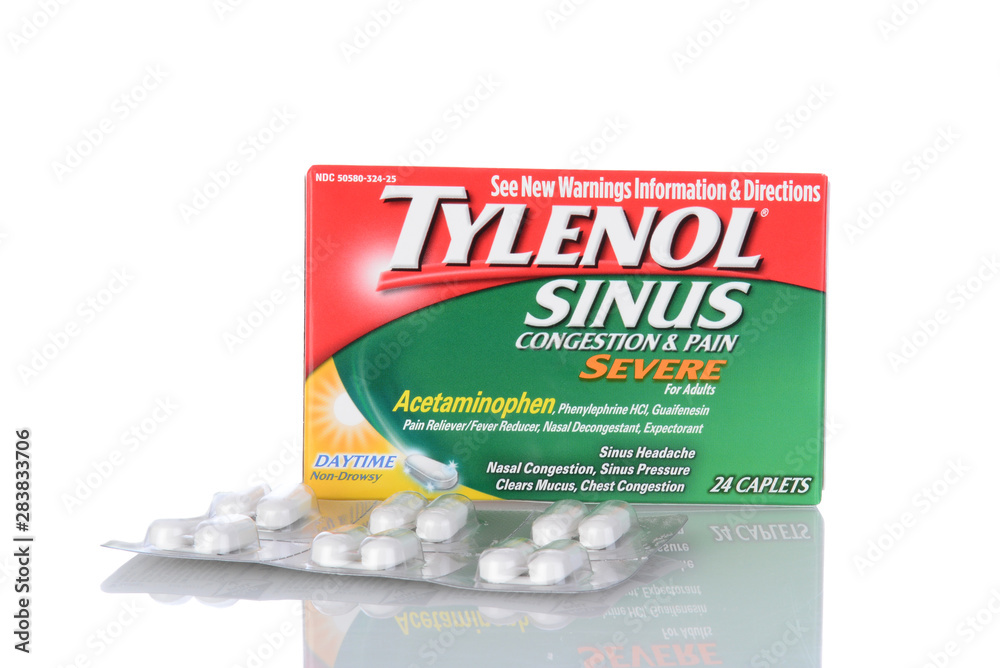 IRVINE, CA - JANUARY 15, 2014: A box pf Tylenol Sinus Daytime. The ...