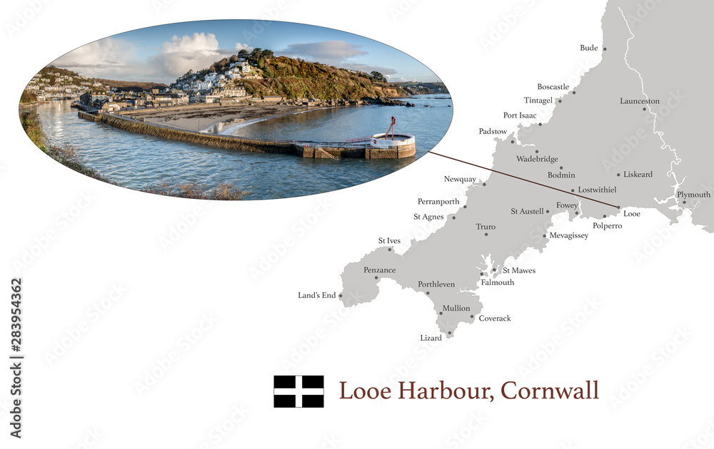Map of Cornwall, featuring photographic image of Looe Harbour, and key ...