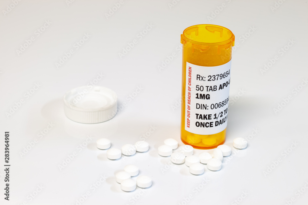 Prescription bottle with Lorezapam on a white background. Lorezapam is ...