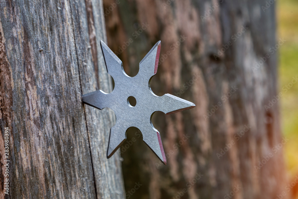 Shuriken (throwing star), traditional japanese ninja cold weapon stuck ...