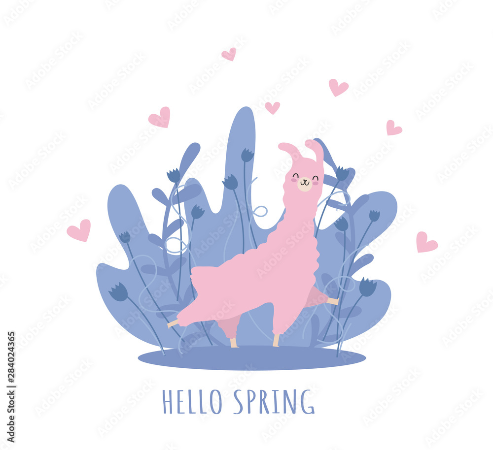 Llama with hearts and many details. Funny alpaca. Hello spring ...