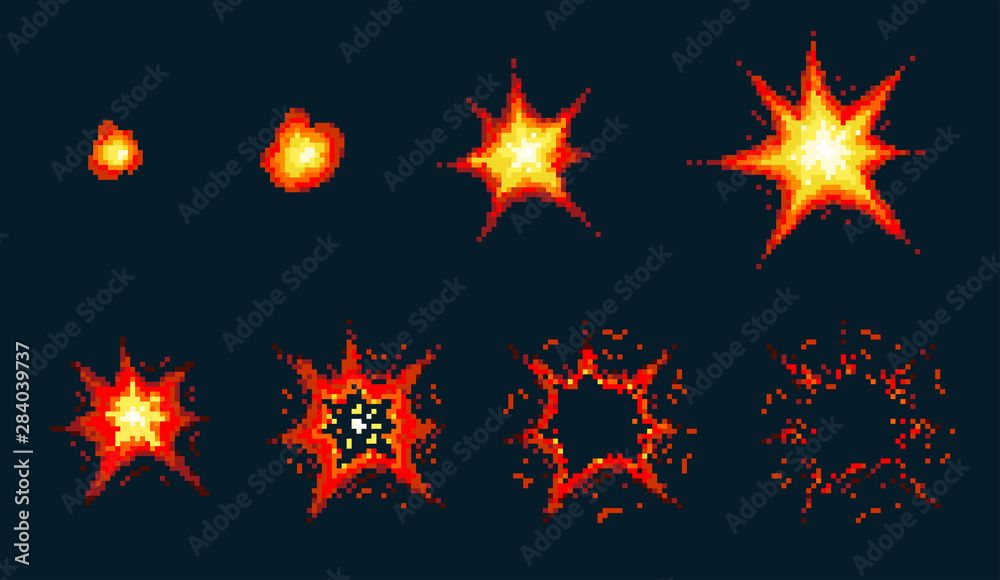 Pixel art explosion. Game icons set. Comic boom flame effects for ...