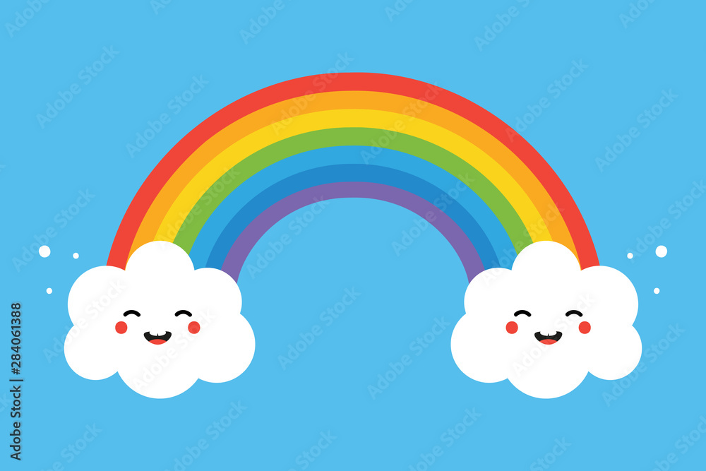 Cute and colorful cartoon vector illustration of rainbow and two happy ...