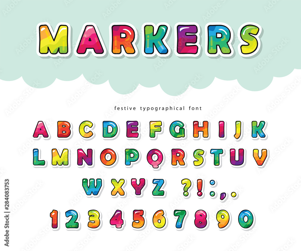 Cartoon bright font for kids. Glossy ABC letters and numbers. Paper cut ...