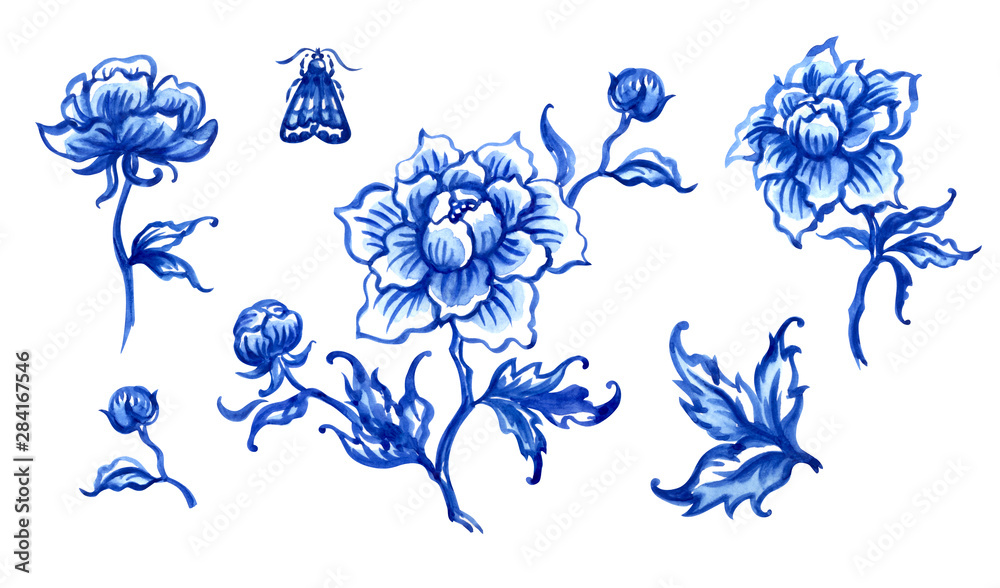 Blue peonies, watercolor illustration in oriental or dutch style ...