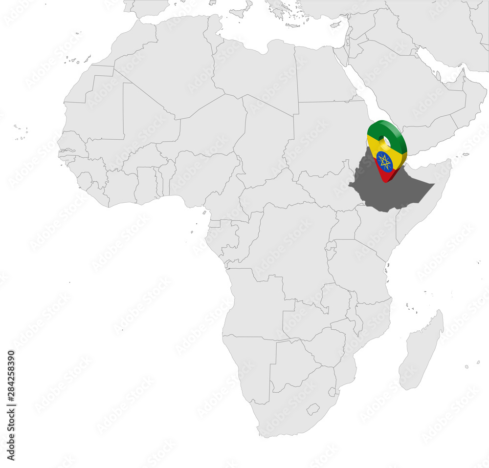 Ethiopia Location Map on map Africa. 3d Ethiopia flag map marker location pin. High quality map ...
