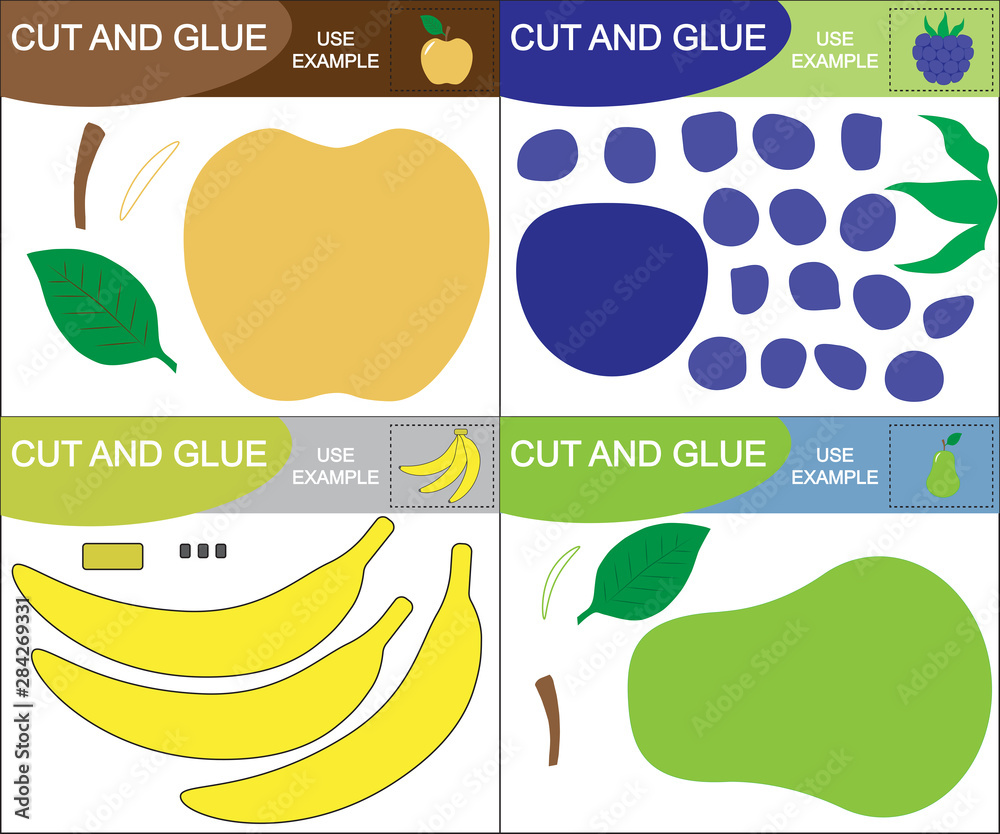 Cut and glue image of fruits and berry. Set of paper game for children ...