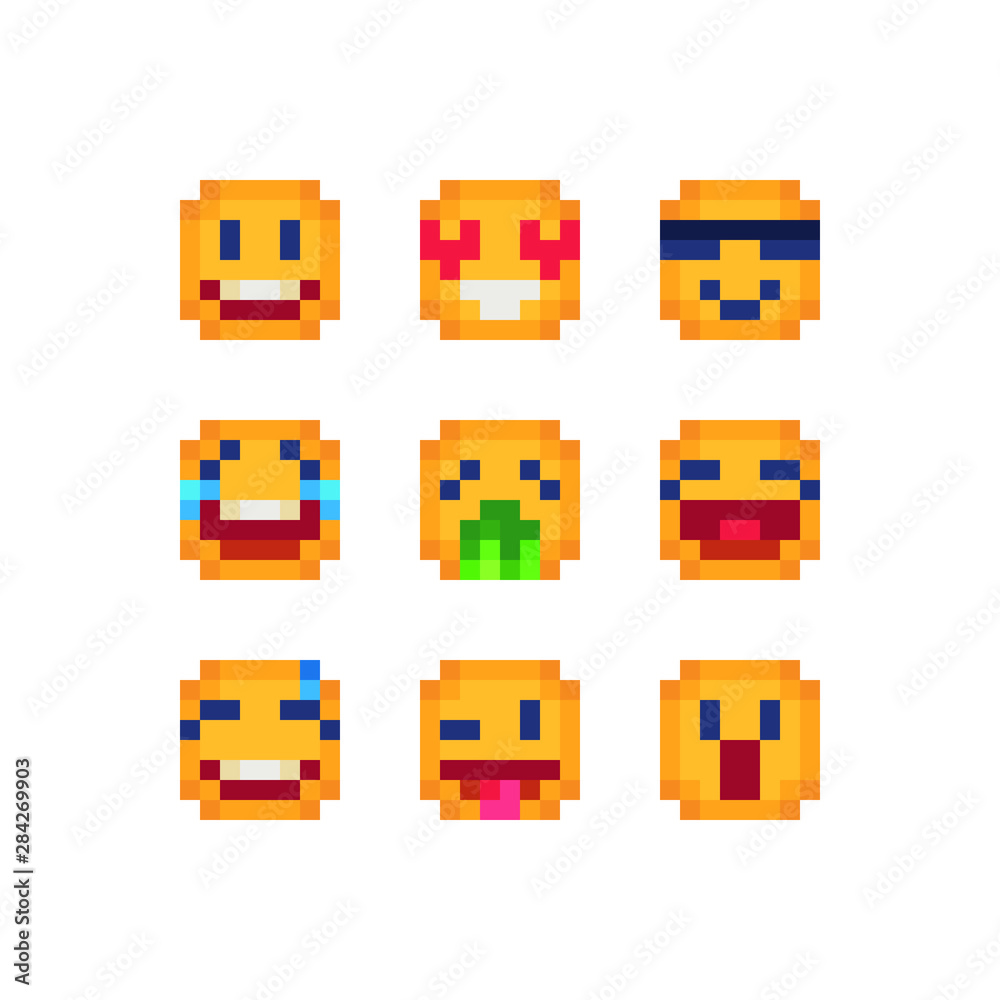 various emotions cute faces pixel art icon set. Funny cartoon ...