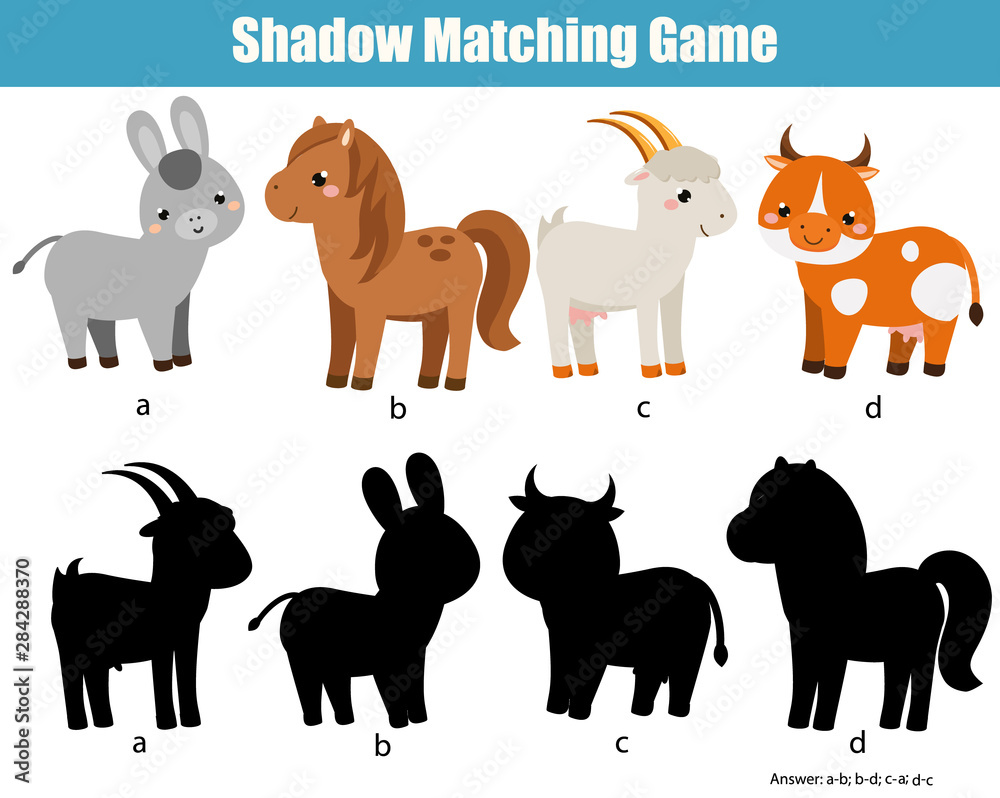Shadow matching game. Kids activity with farm animals. fun page for ...