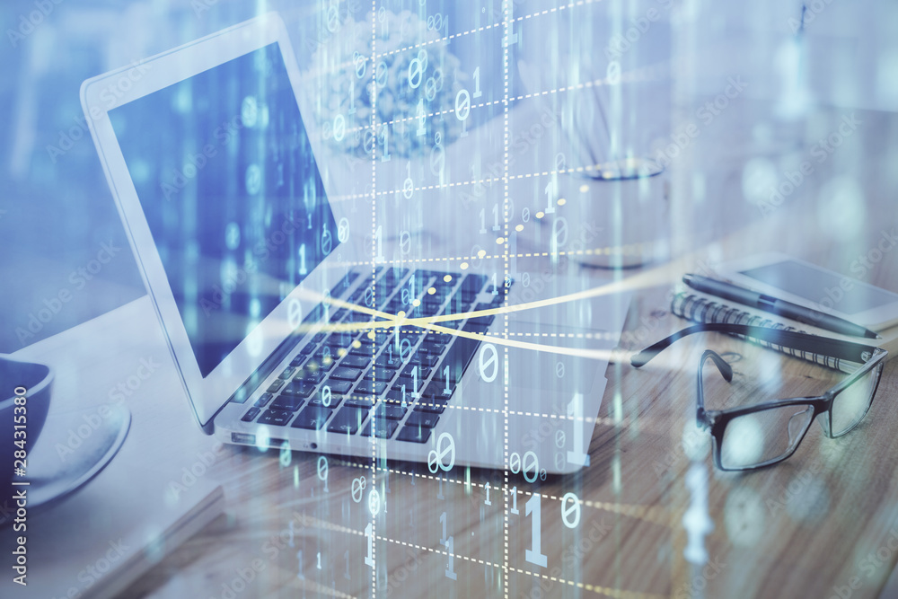 Double exposure of table with computer on background and data theme ...