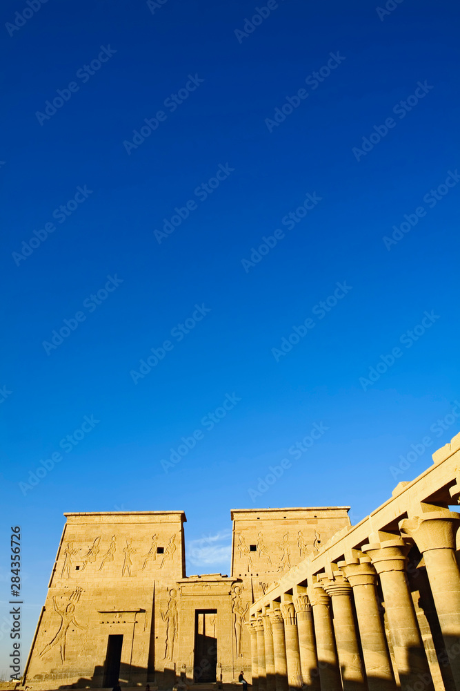 Columns and entry pylons with giant wall carvings, Temple of Philae, on ...