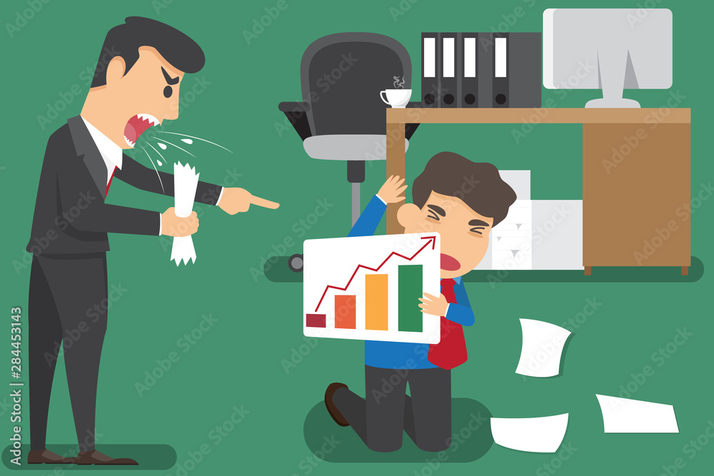 Angry boss character shouting to worker with growing graph protect his ...