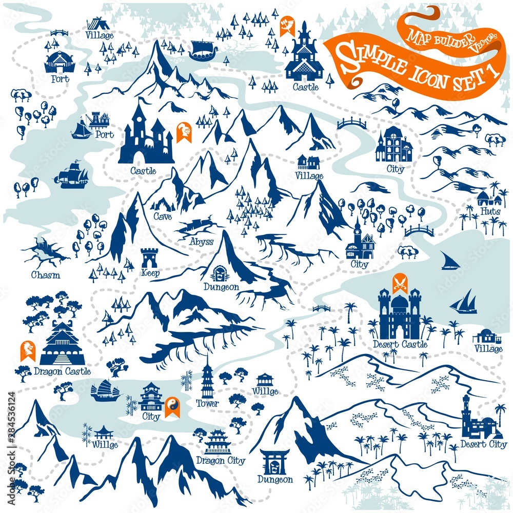 Fantasy Adventure map builder with simple icon elements in vector ...